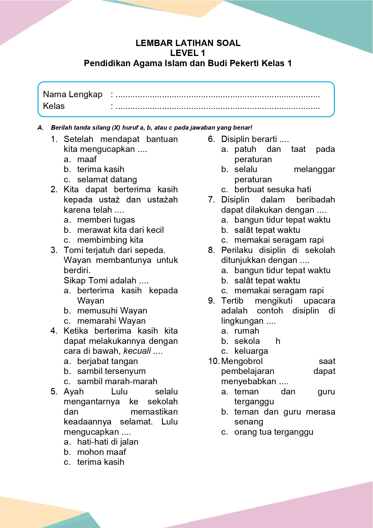 Latihan Soal PAI & Budi Pekerti Kelas 1 Bab 8 - Daring Nur Hidayah Press