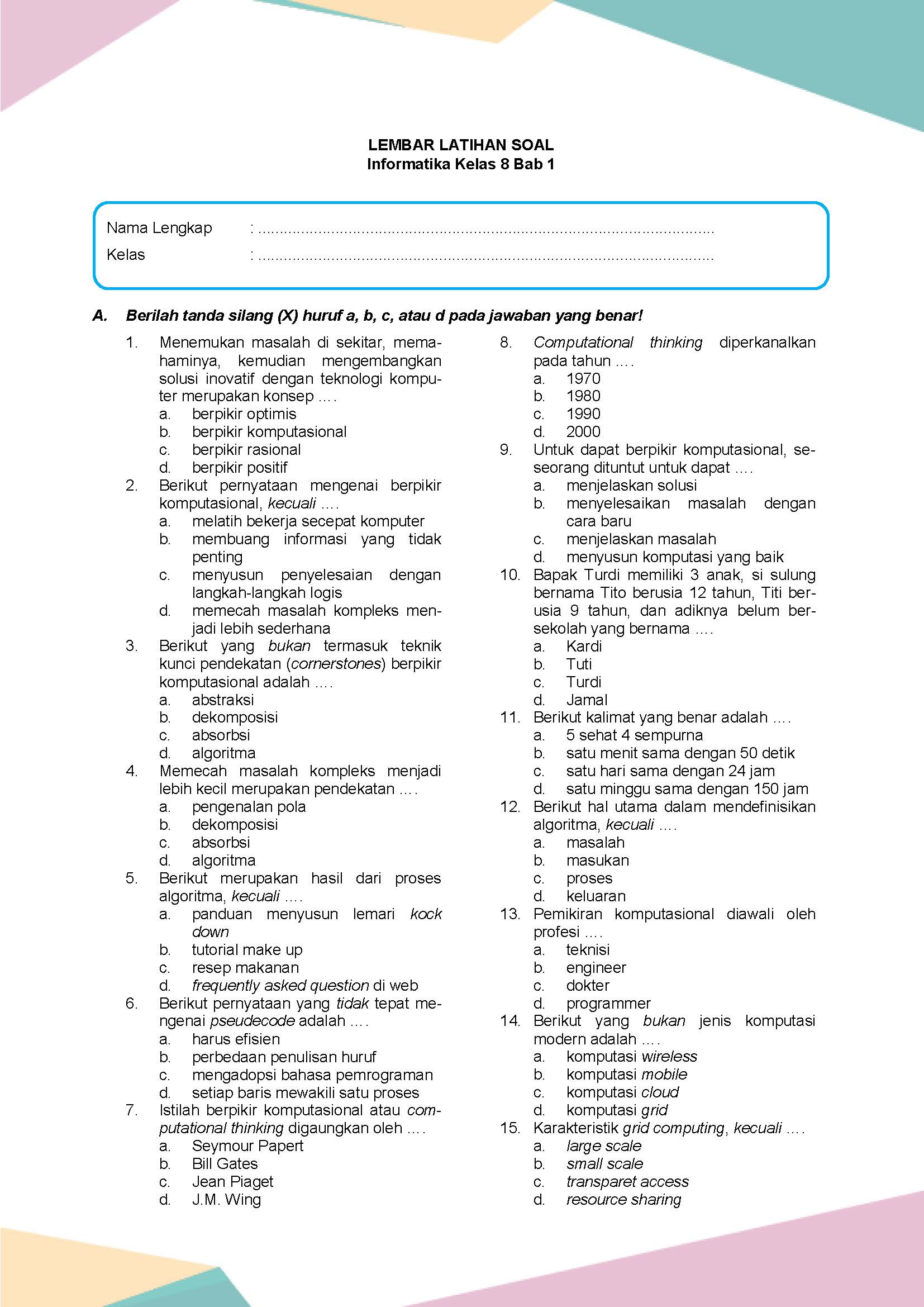 Latihan Soal Informatika Kelas 8 Bab 1 - Daring Nur Hidayah Press