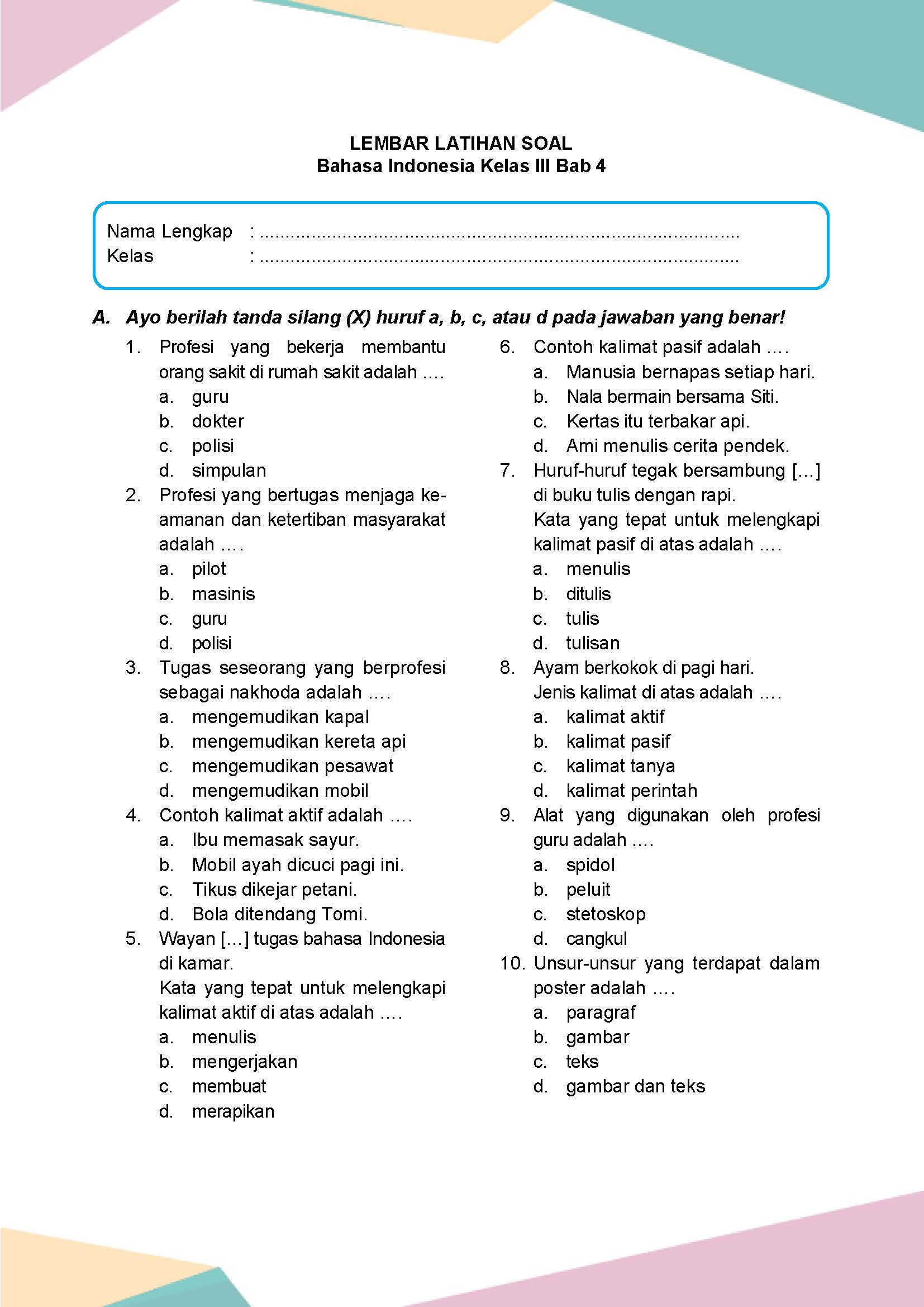 Latihan Soal Bahasa Indonesia Kelas 3 Bab 4 - Daring Nur Hidayah Press