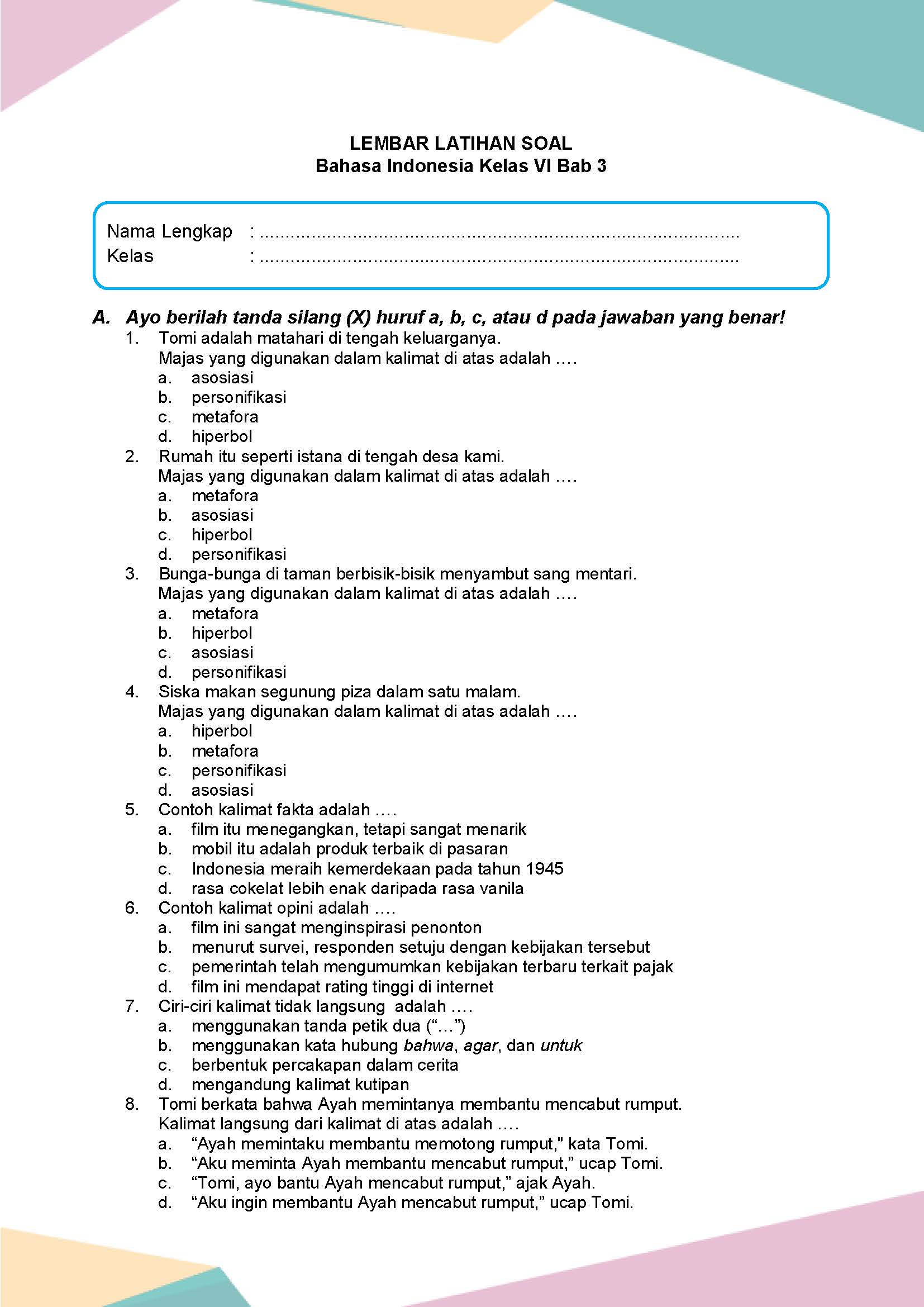 Latihan Soal Bahasa Indonesia Kelas 6 Bab 3 - Daring Nur Hidayah Press
