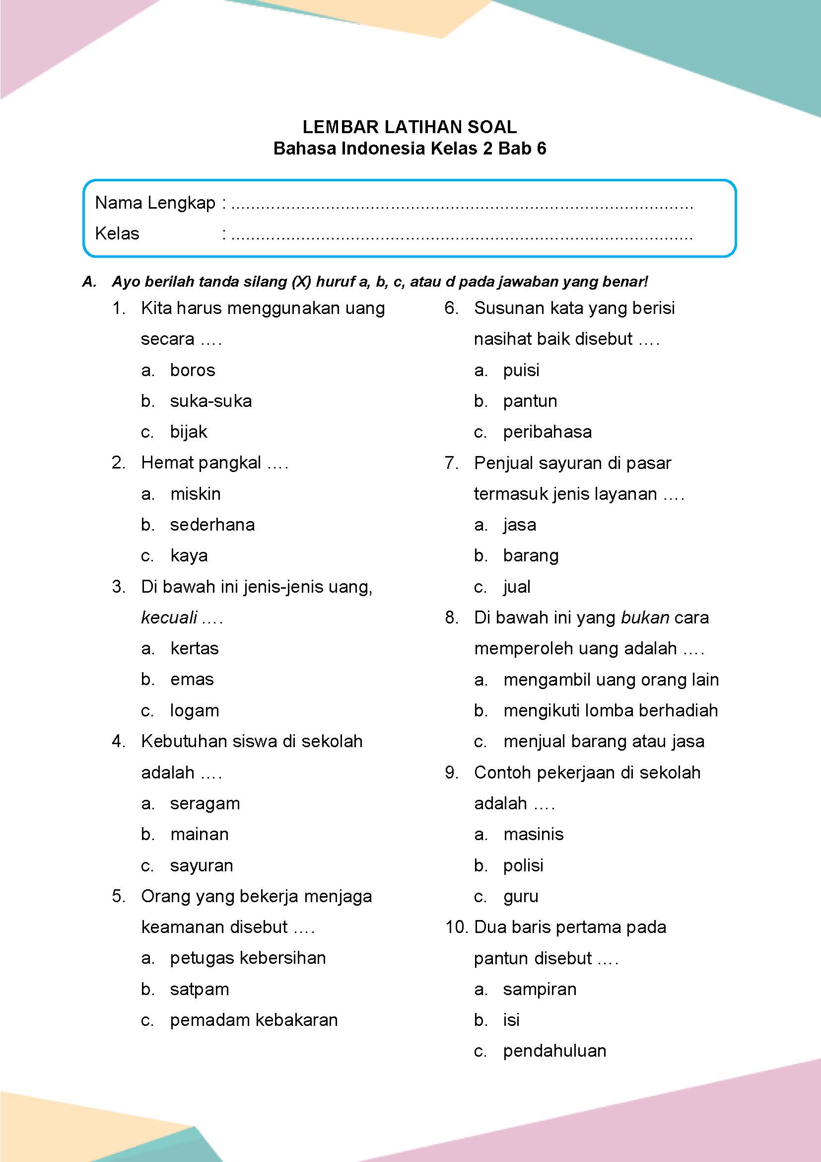 Latihan Soal Bahasa Indonesia Kelas 2 Bab 6 - Daring Nur Hidayah Press